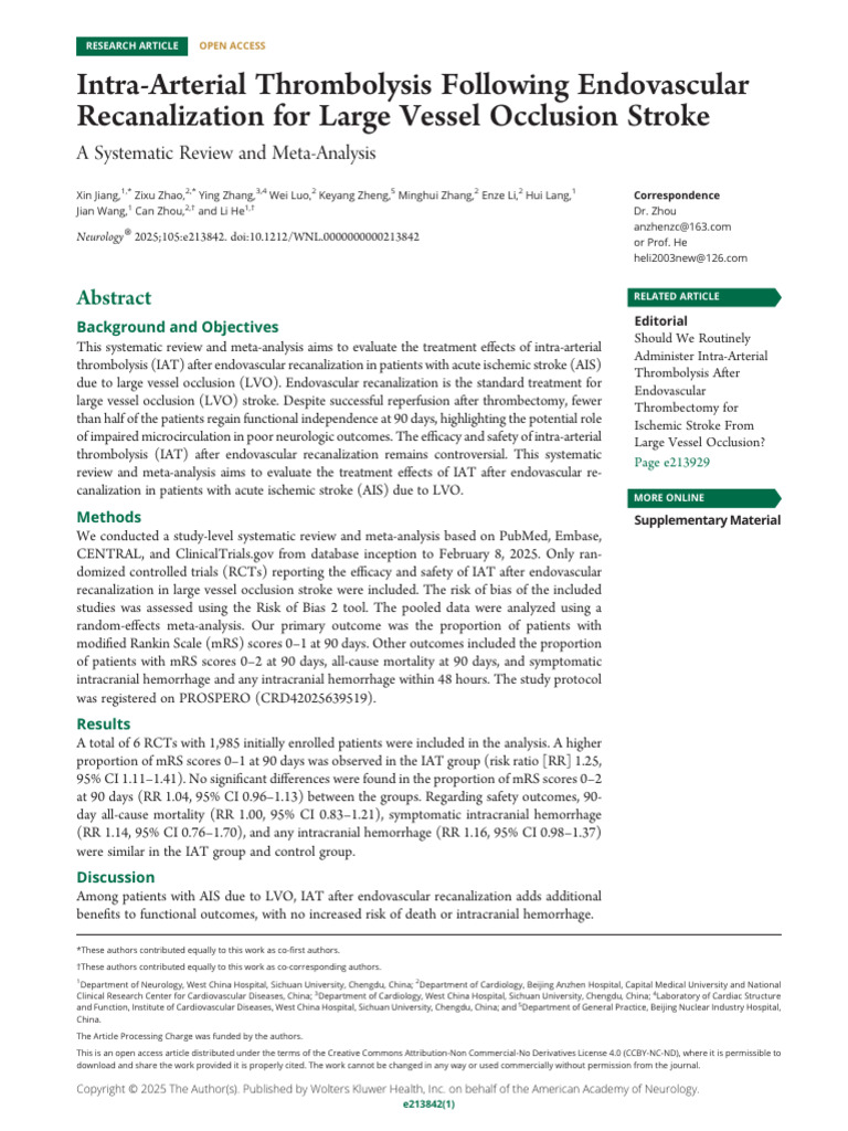 Jiang Et Al 2025 Intra Arterial Thrombolysis Following Endovascular ...