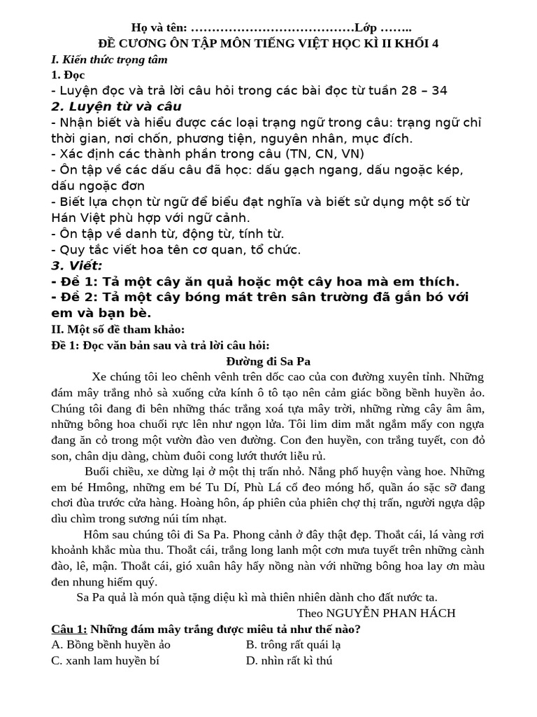 De Cuong Mon Tieng Viet Ckii | PDF