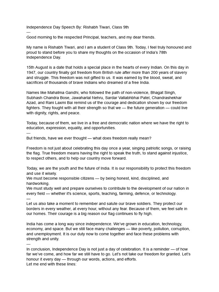 Independence Day Speech By_ Rishabh Tiwari, Class 9th | PDF