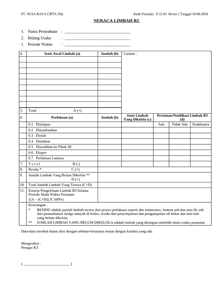 Form p.12 (K3-Neraca Limbah) | PDF