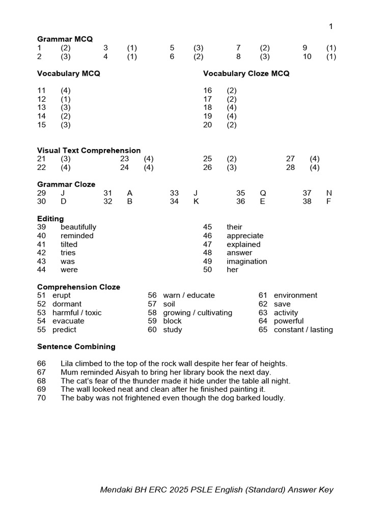 PSLE 2025 English Answer Key | PDF