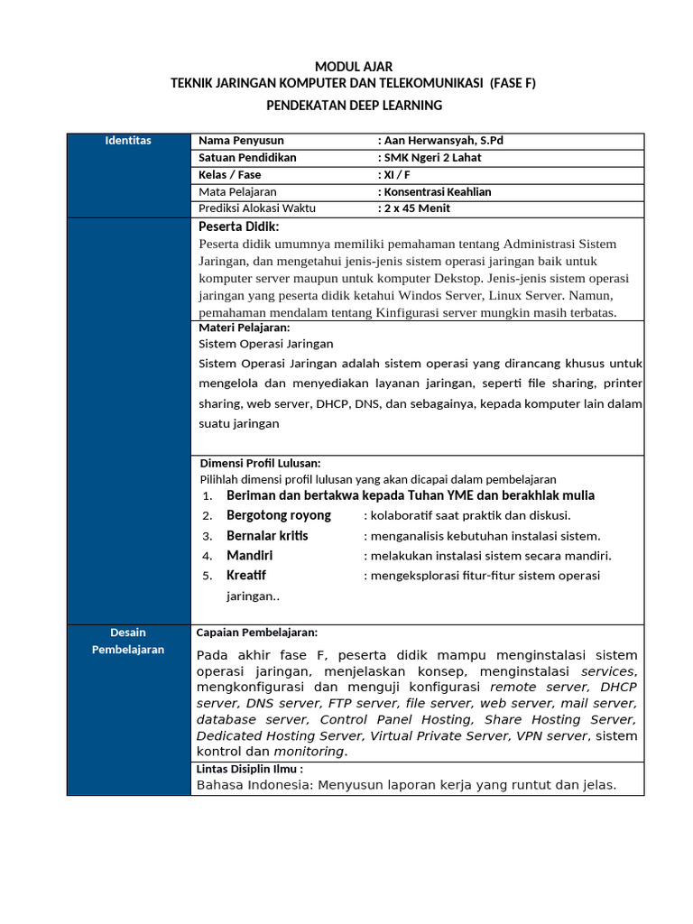 Rancangan-Pembelajaran-Mendalam Instalasi Kelas XI AAN | PDF
