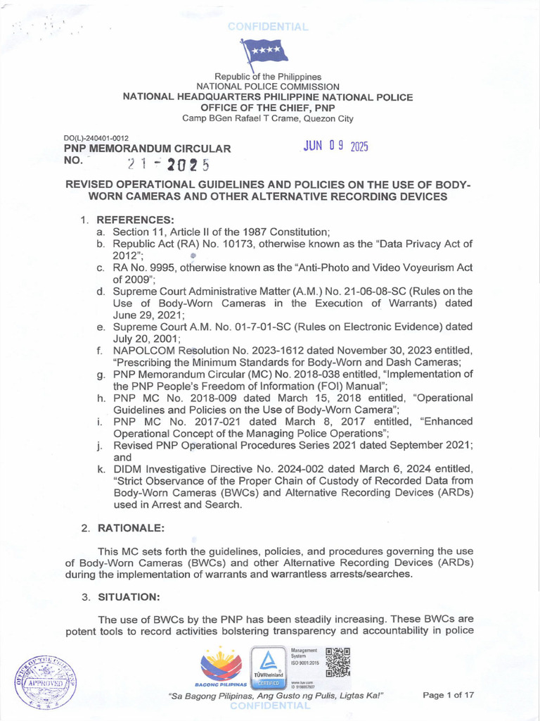 PNP Memorandum Circular (MC) No. 21-2025 Entitled, Revised Operational Guidelines and Policies ...
