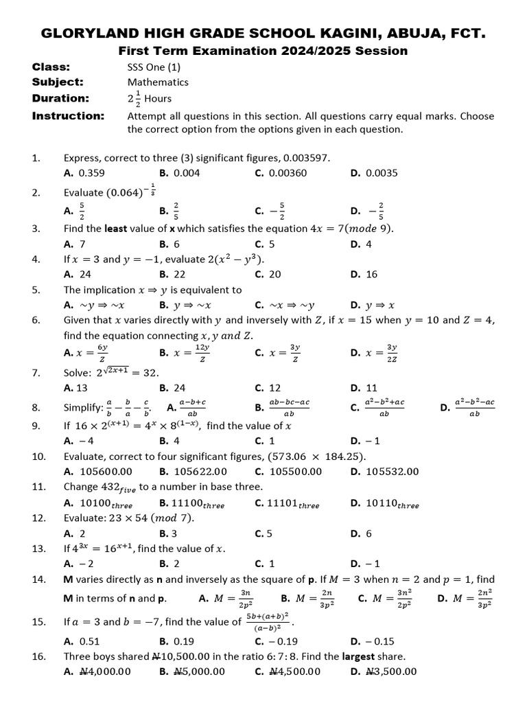 Mathematics SSS One First Term | PDF | Quadratic Equation | Equations