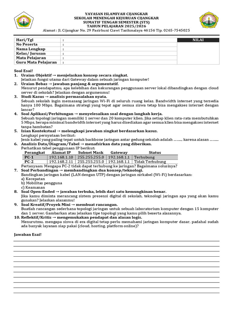 Contoh Format Soal STS 2025 | PDF