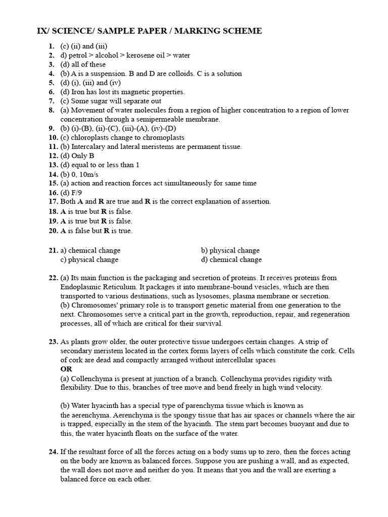 Ix Sample Paper Marking Scheme | PDF | Mixture | Gases