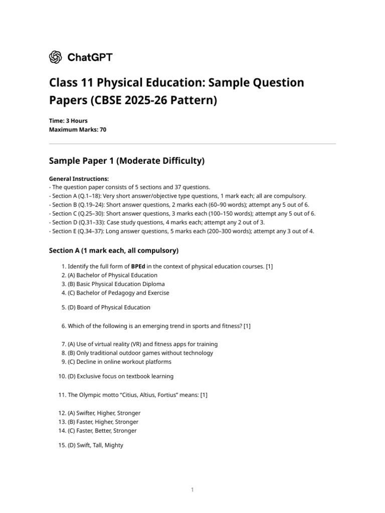 Class 11 Physical Education Sample Paper | PDF | Physical Fitness | Asana