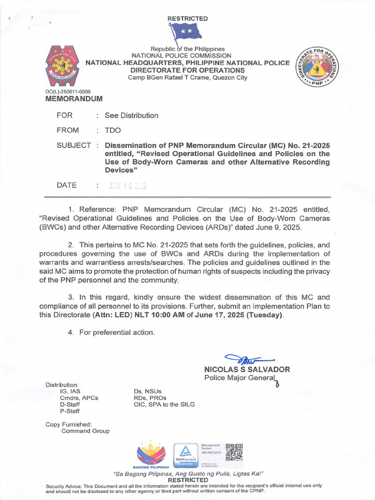 Dissemination of PNP Memorandum Circular (MC) No. 21-2025 Entitled ...
