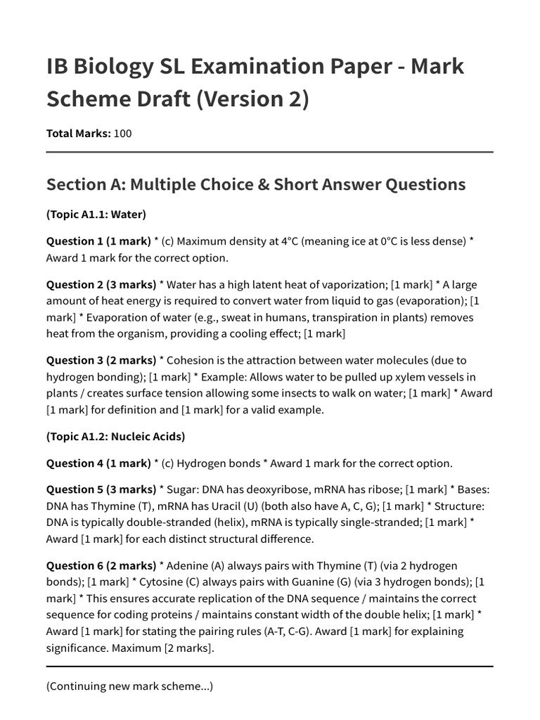 IB Biology SL Mark Scheme v2 | PDF | Translation (Biology) | Endoplasmic Reticulum