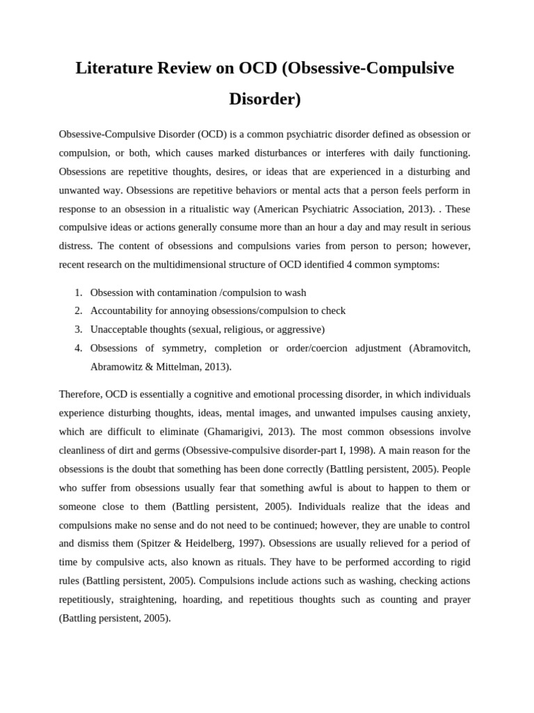 Literature Review On OCD (Obsessive-Compulsive Disorder) | PDF | Obsessive–Compulsive Disorder ...