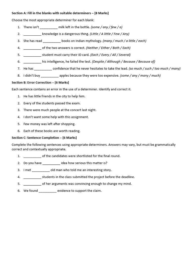 Determiners - Self Practice Worksheet | PDF