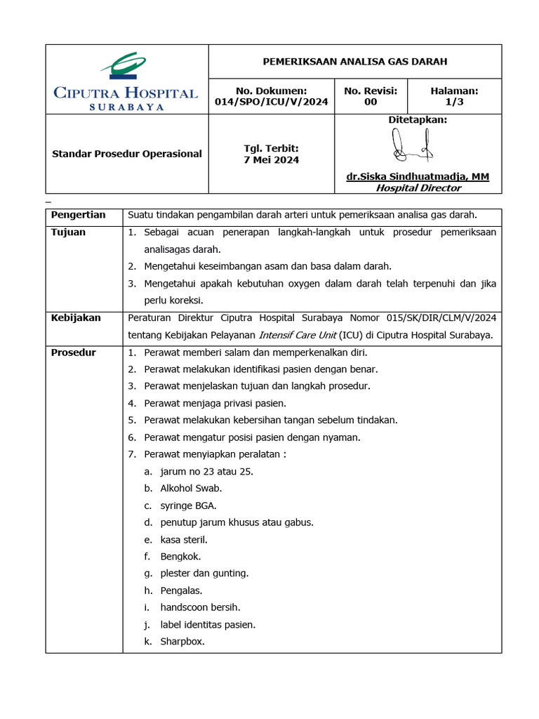 Prosedur Pemeriksaan Gas Darah Arteri | PDF