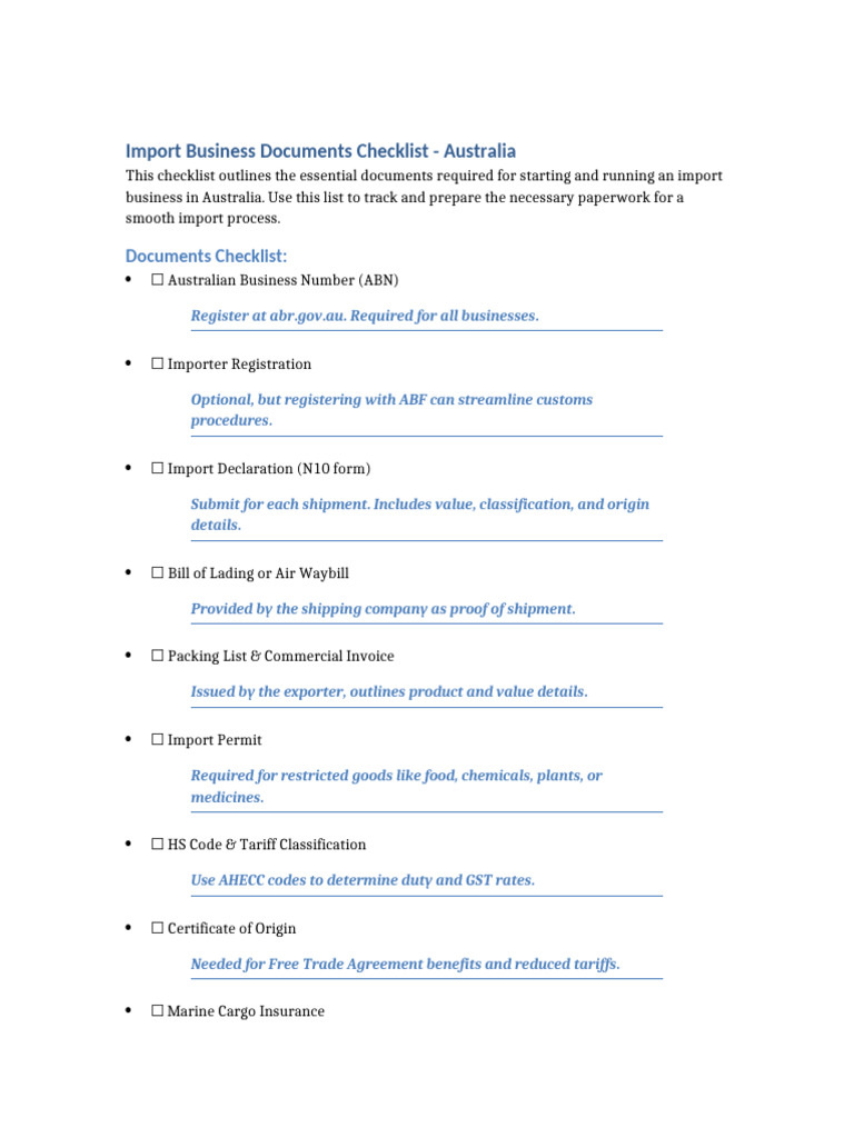Import Business Documents Checklist Australia | PDF