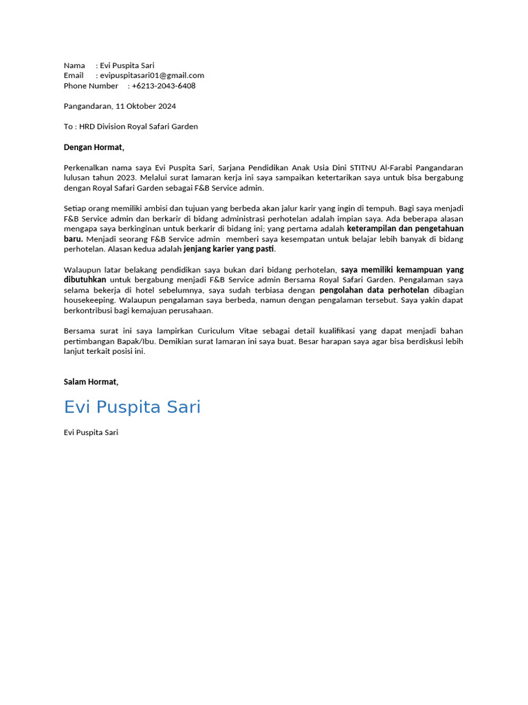 Cover Letter & CV Evi Puspita Sari. - Royal Safari Garden | PDF