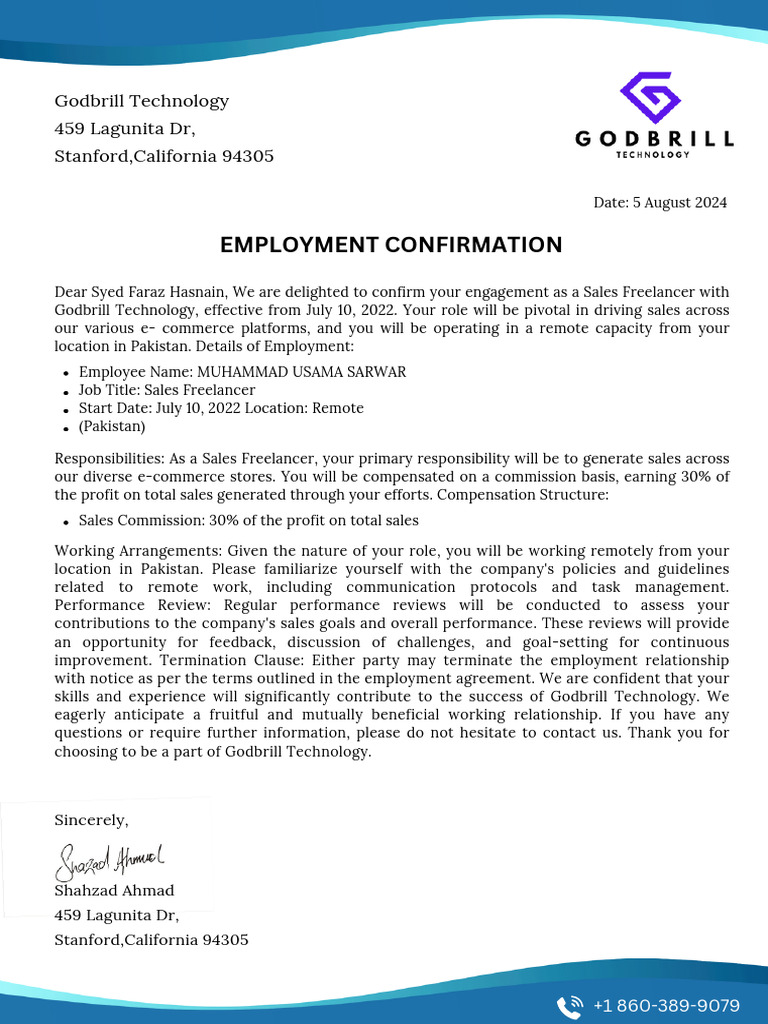 Employment Verification Letter of Muhammad Usama Sarwar | PDF
