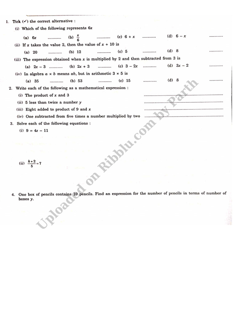 Cbse Class 6 Algebraic Expression With Answers | PDF