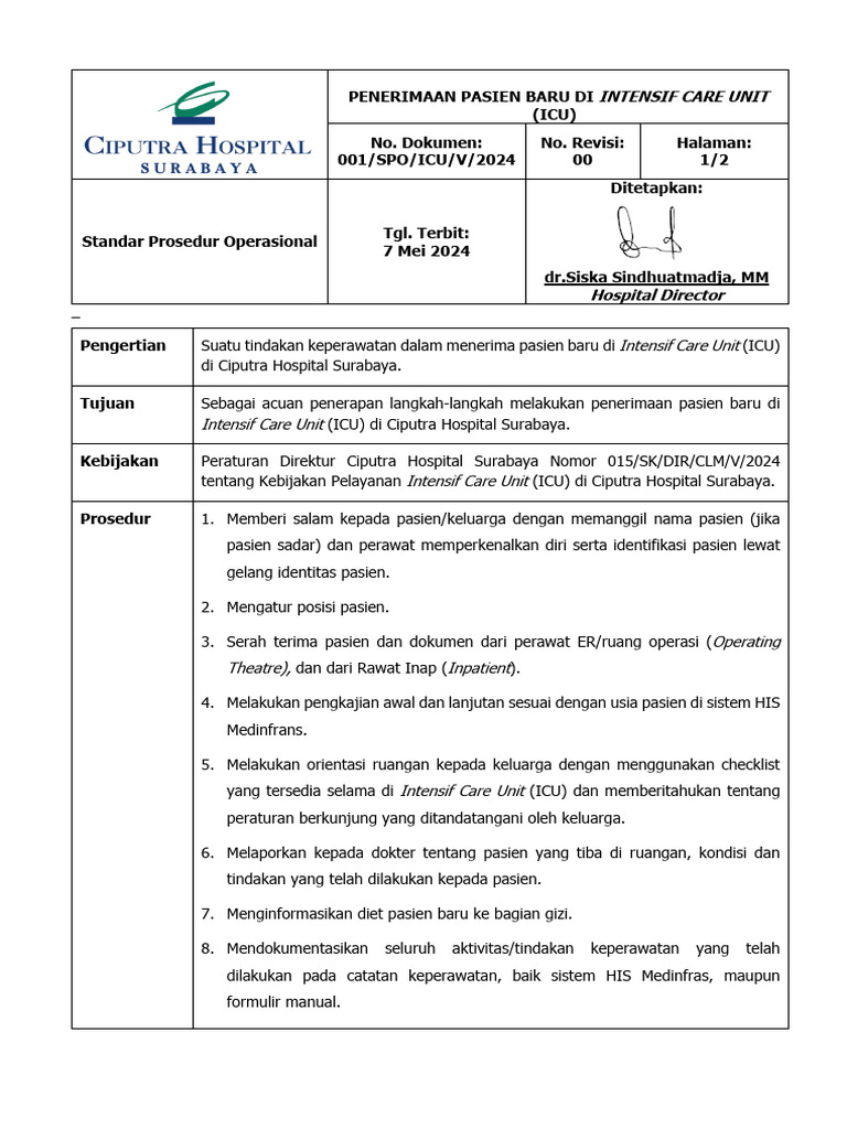 Prosedur Penerimaan Pasien ICU | PDF
