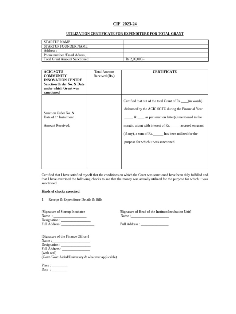 Utilization Certificate for Startup Grant | PDF