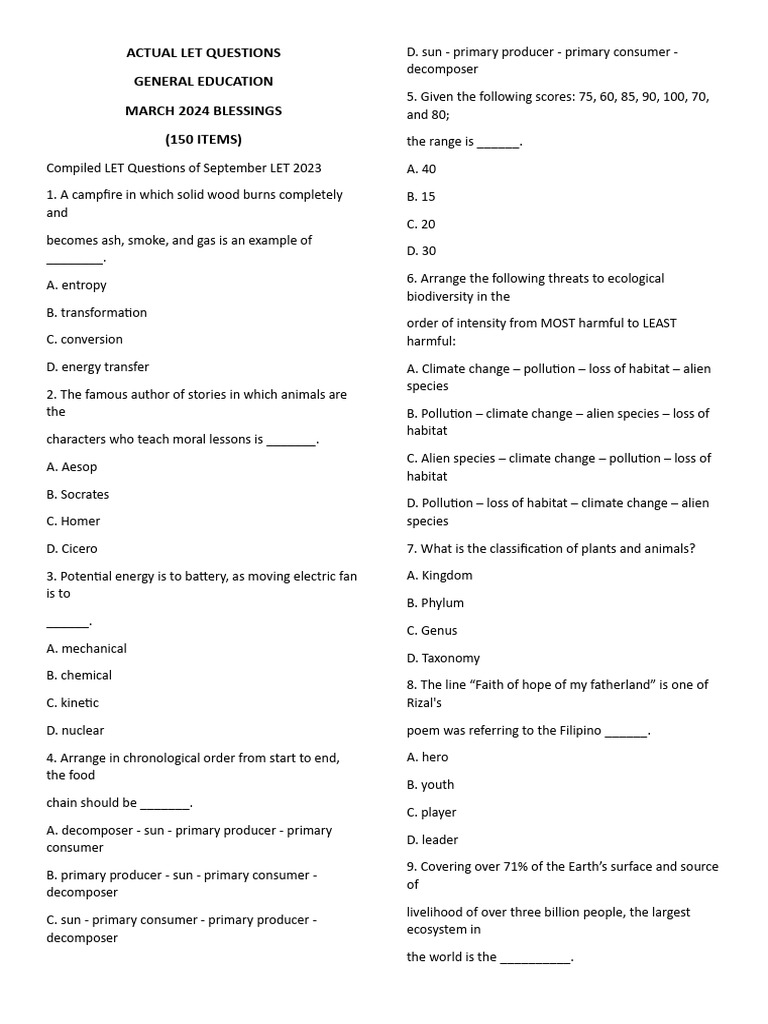 Actual Let Questions March Gened 2024 | PDF | Philippines