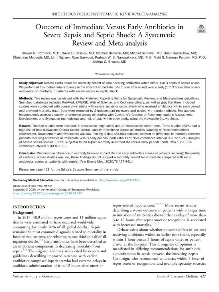 Outcome of Immediate Versus Early Antibiotics in S | PDF | Sepsis ...
