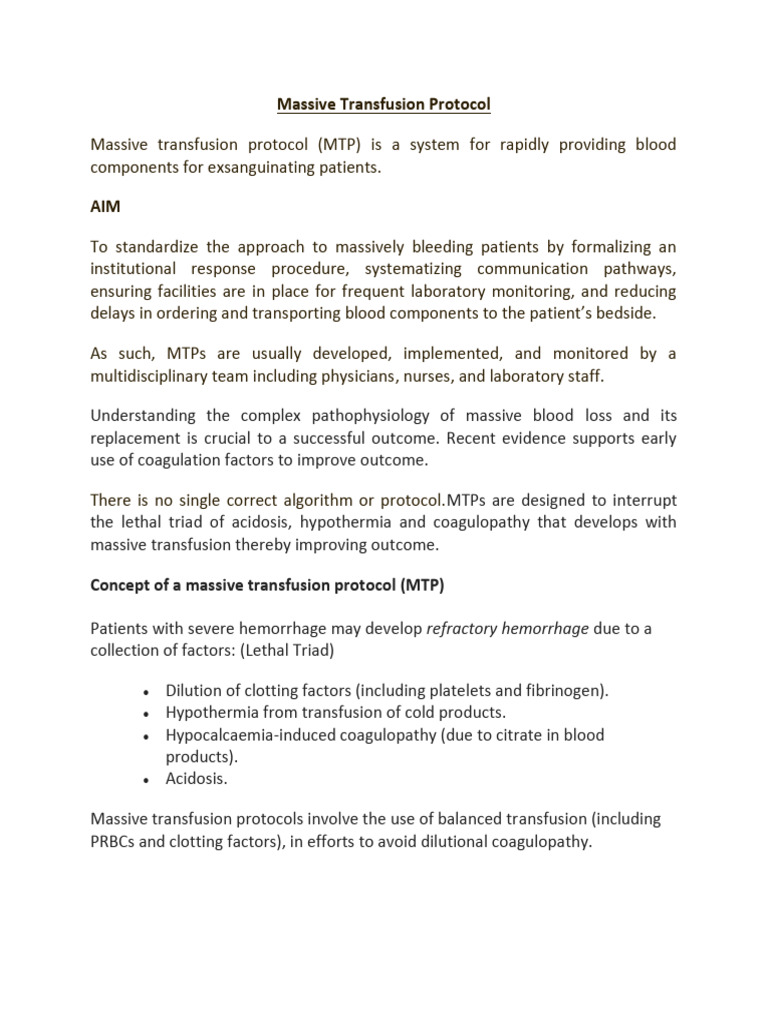 Massive Transfusion Protocol Overview | PDF | Blood Transfusion | Bleeding