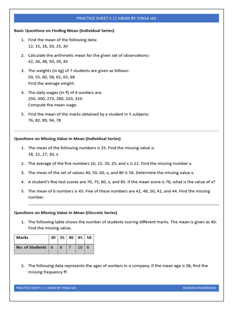Mean Calculation Practice Sheet | PDF