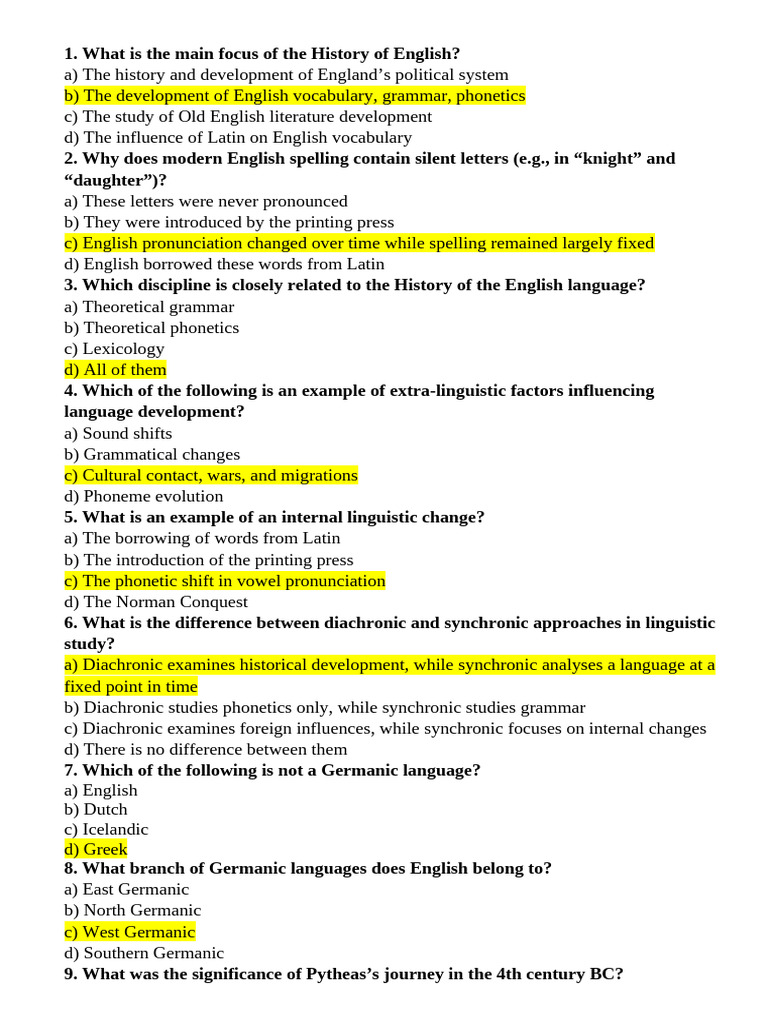 History of English 15 Questions | PDF | English Language | Linguistics