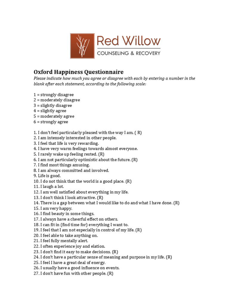 Oxford Happiness Questionnaire | PDF | Happiness | Psychology