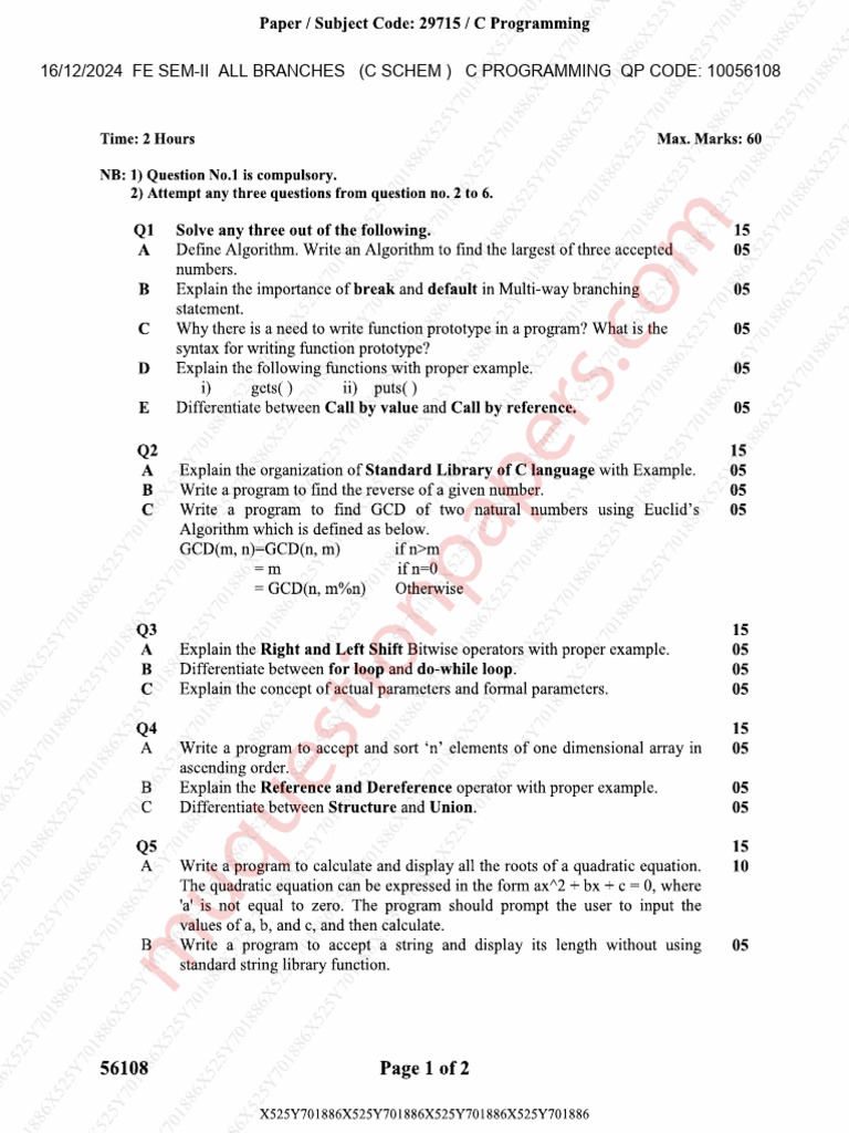 Be First Year Engineering Semester 2 2024 December C Programming Rev ...