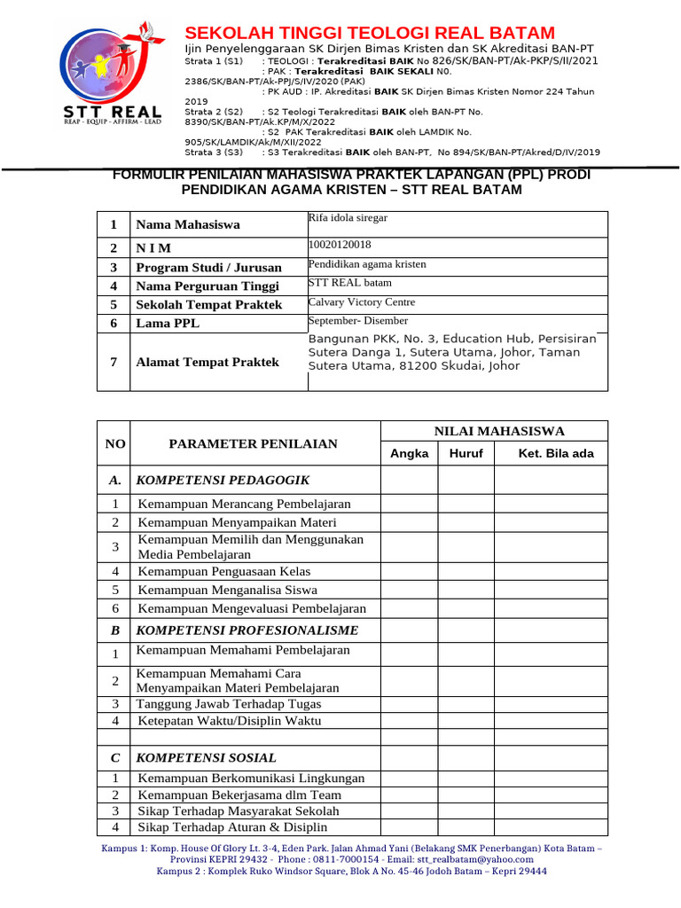 Akreditasi dan Penilaian PPL STT Real Batam | PDF