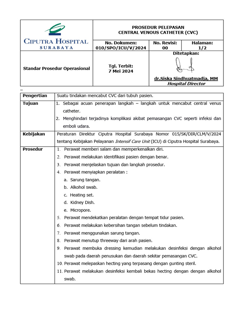 Prosedur Melepas CVC pada Pasien | PDF