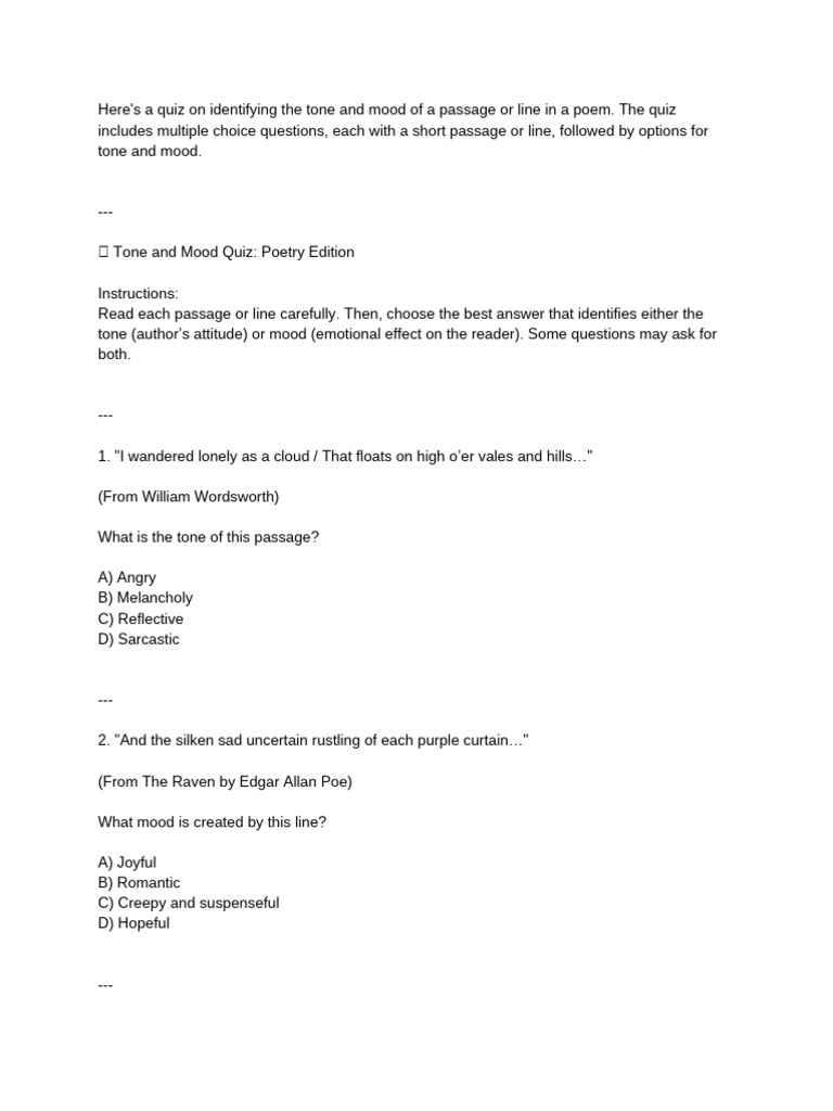 Identifying Mood and Tone | PDF | Poetry