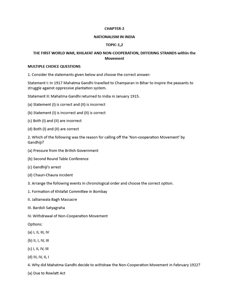 Question Bank Ch2 History | PDF | Mahatma Gandhi | Indian Independence ...