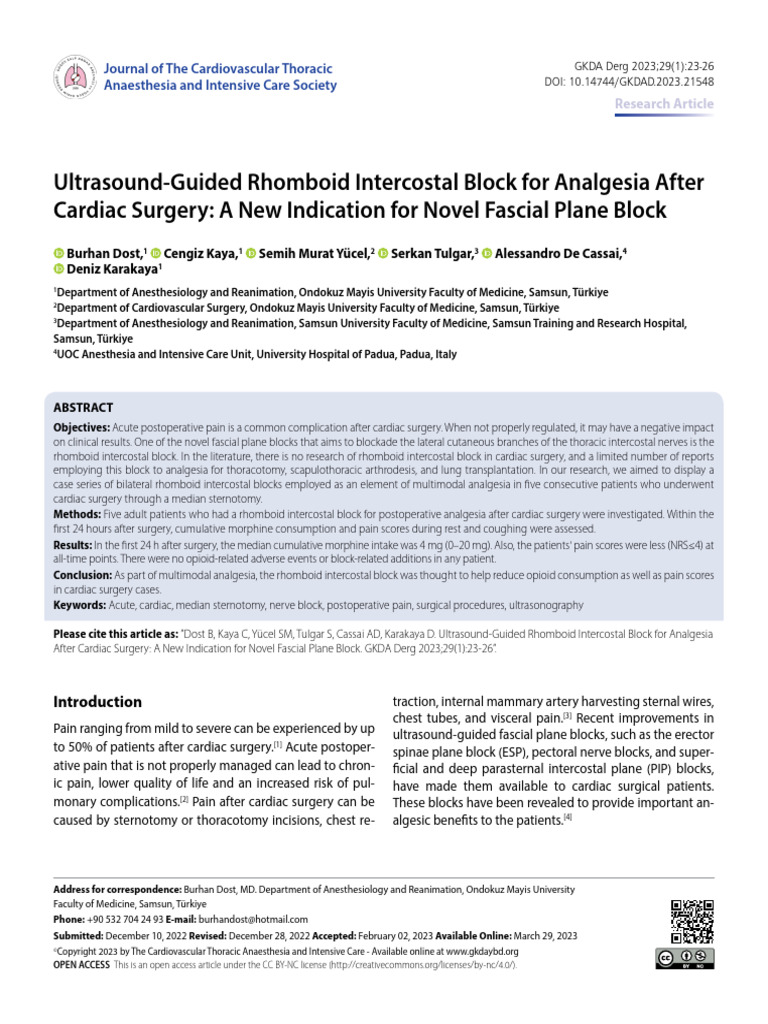 Ultrasound-Guided Rhomboid Intercostal Block For Analgesia After | PDF ...