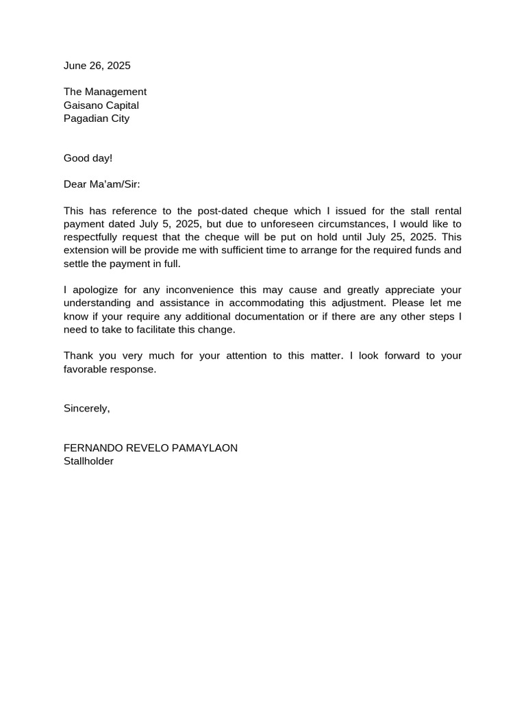 Request to Hold Cheque Payment | PDF