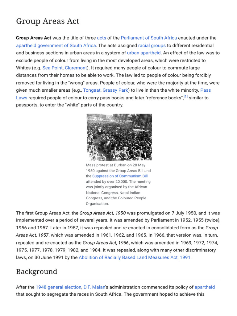 Group Areas Act - Wikipedia | PDF | Government | South Africa
