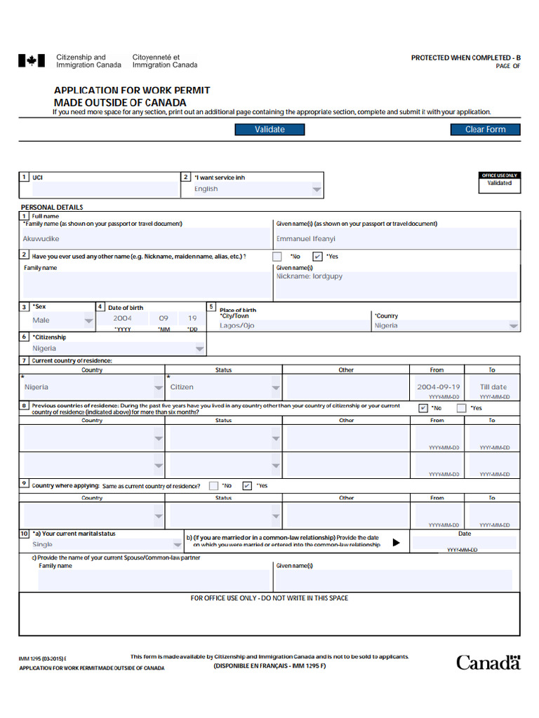 Canada Work Visa Application Form | PDF