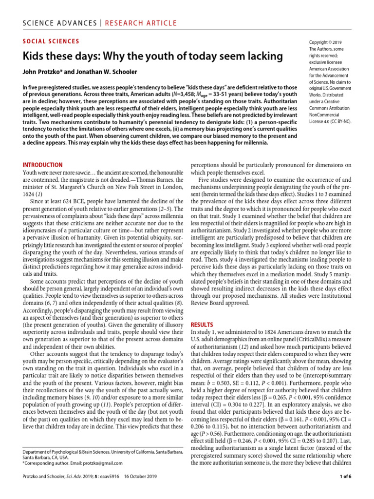 Protzko Schooler Kids These Days - Why The Youth Oftoday Seem Lacking | PDF | Bias | Recall (Memory)
