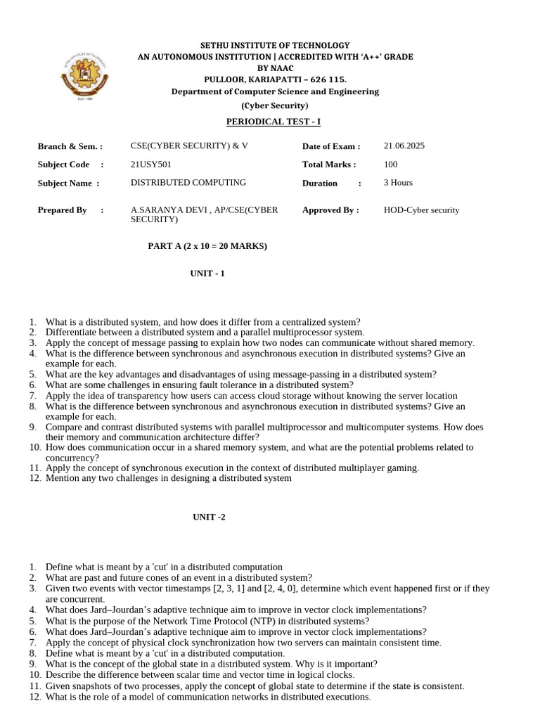 R21USY501 - Distributed Computing PT-1 Question | PDF | Distributed Computing | Replication ...