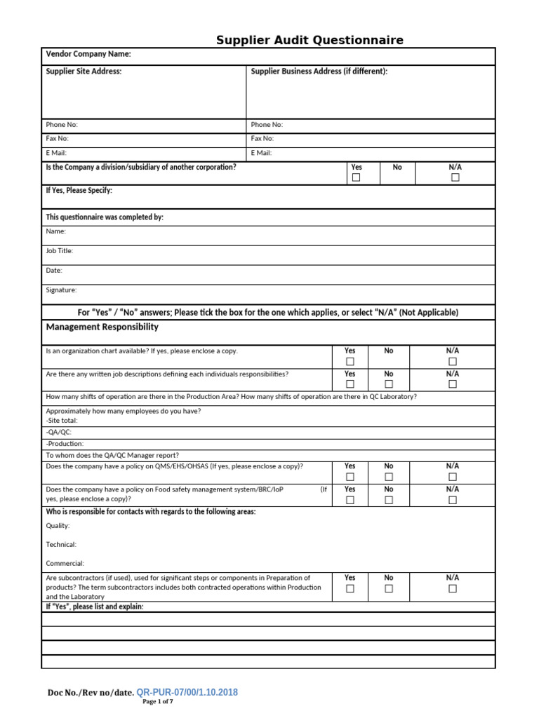 Supplier Audit Questionnaire Overview | PDF | Quality Assurance | Business