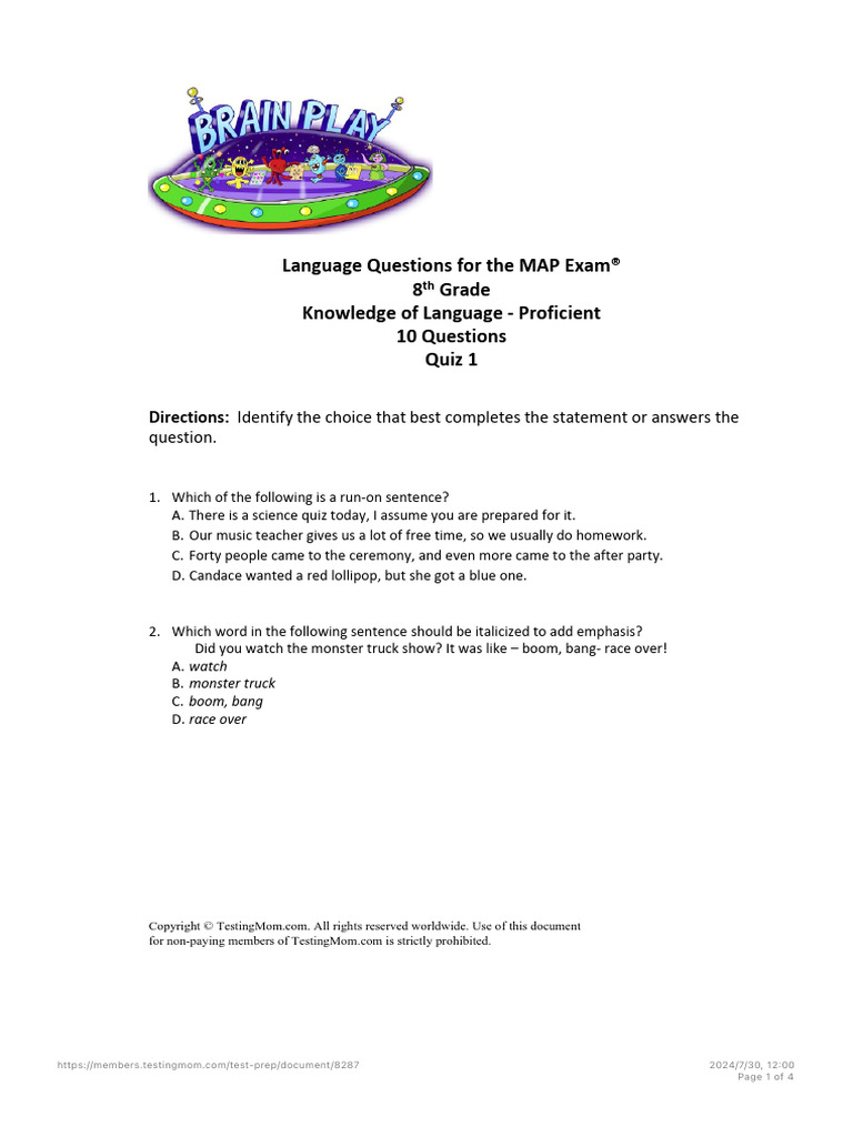 MAP 8th Grade - Language - Knowledge of Language - Proficient Quiz 1 ...