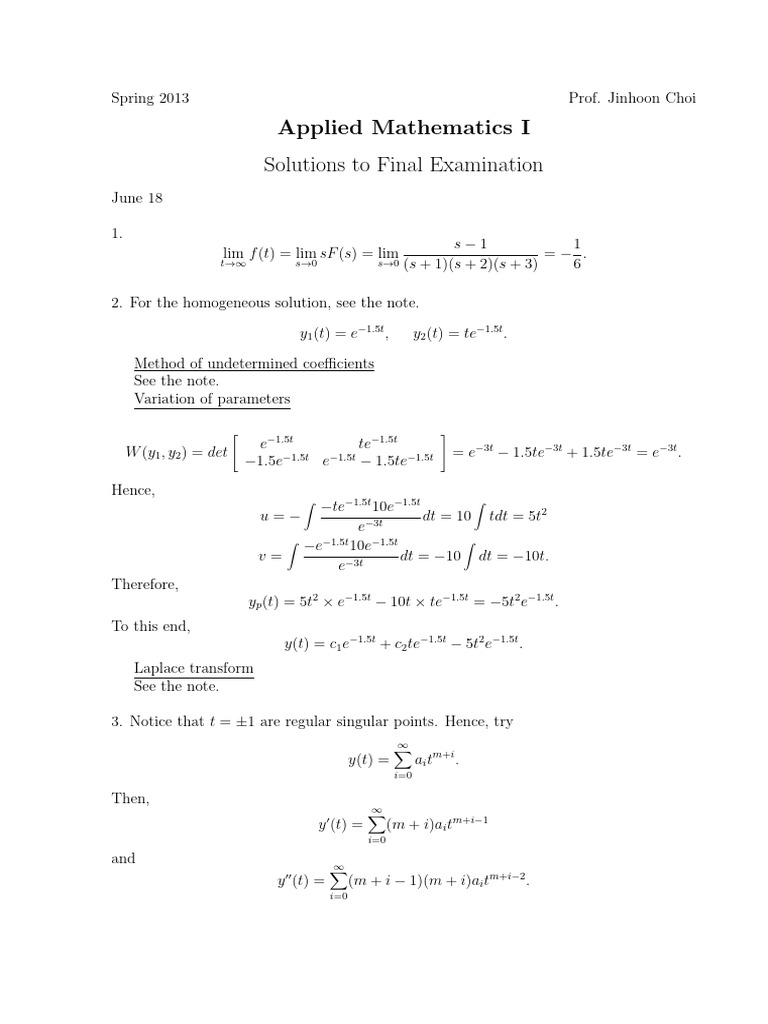 Applied Mathematics I Final Exam Solutions | PDF | Applied Mathematics ...