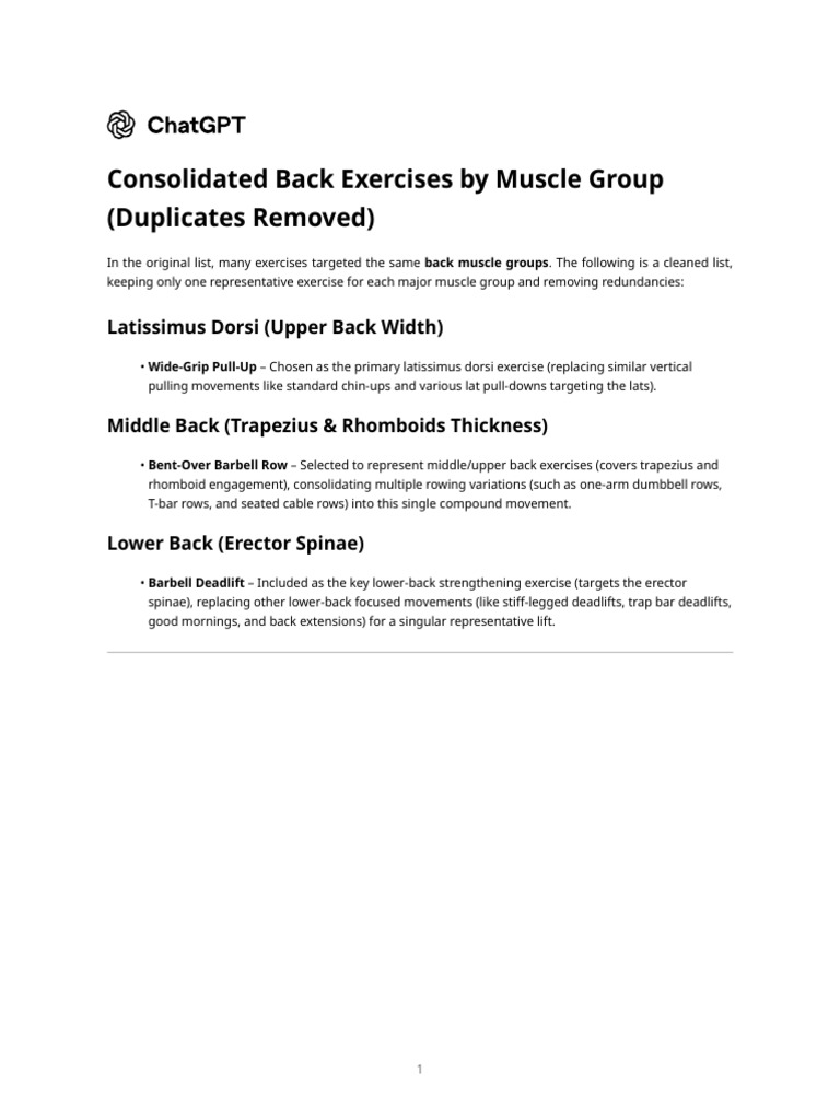 Consolidated Back Exercises by Muscle Group (Duplicates Removed) | PDF