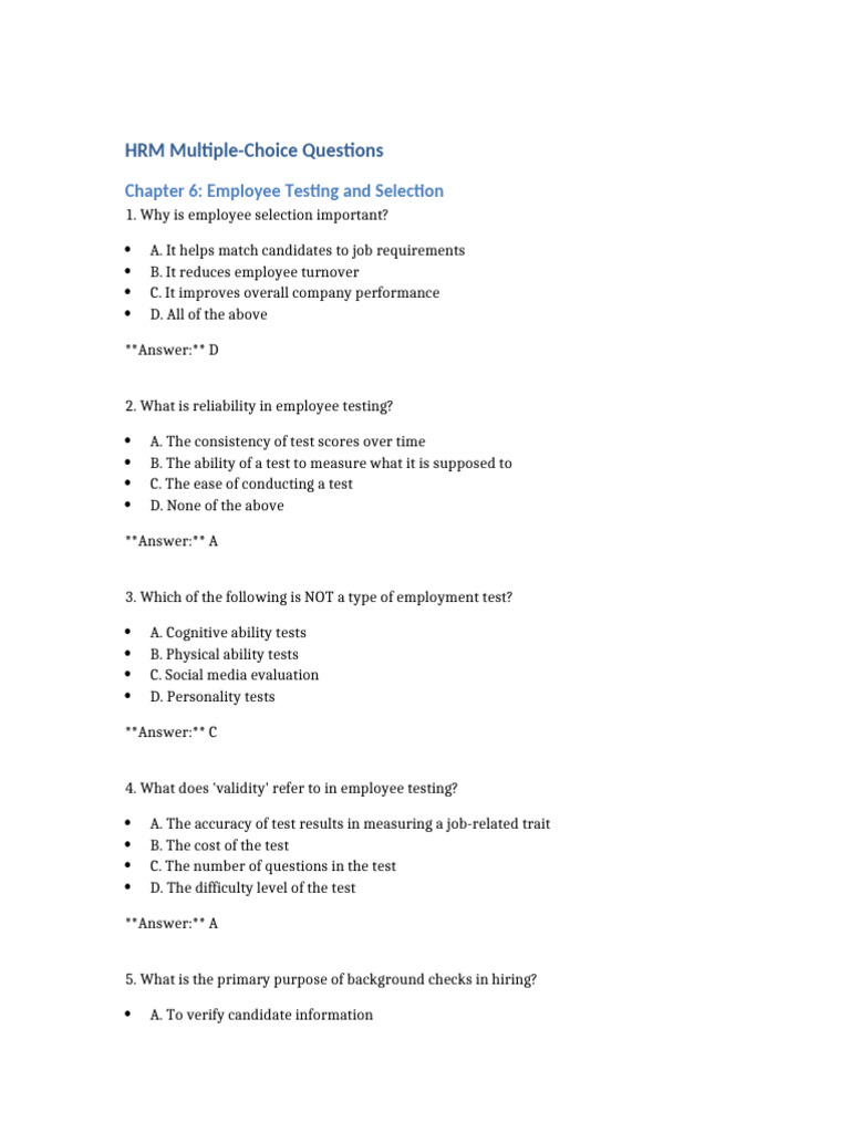 HRM Employee Testing MCQs Guide | PDF
