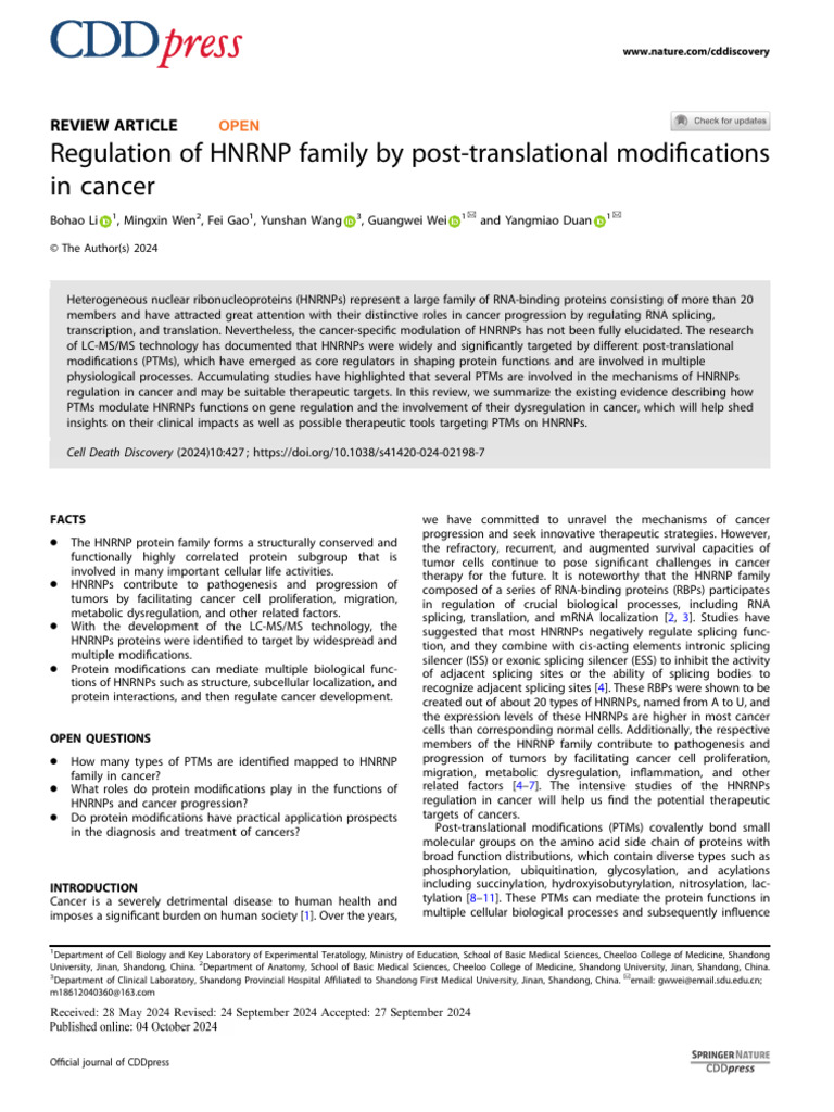 Regulation of HNRNP Family by Post-Translational Modifications | PDF ...