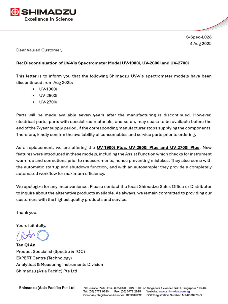 S-Spec-028 UV-1900i 2600i 2700i Discontinuation | PDF