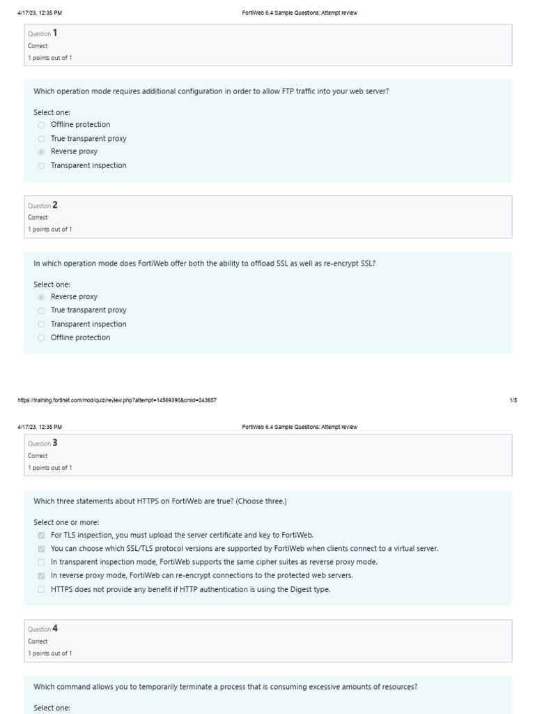 FortiWeb 6.4 Sample Questions - Attempt Review | PDF | Transport Layer Security | Proxy Server
