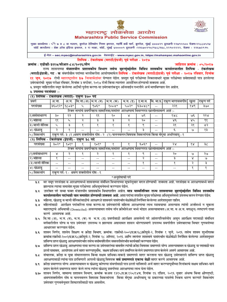 05 2017 Clerk Typist (Marathi English), Group C Preliminary Examination ...