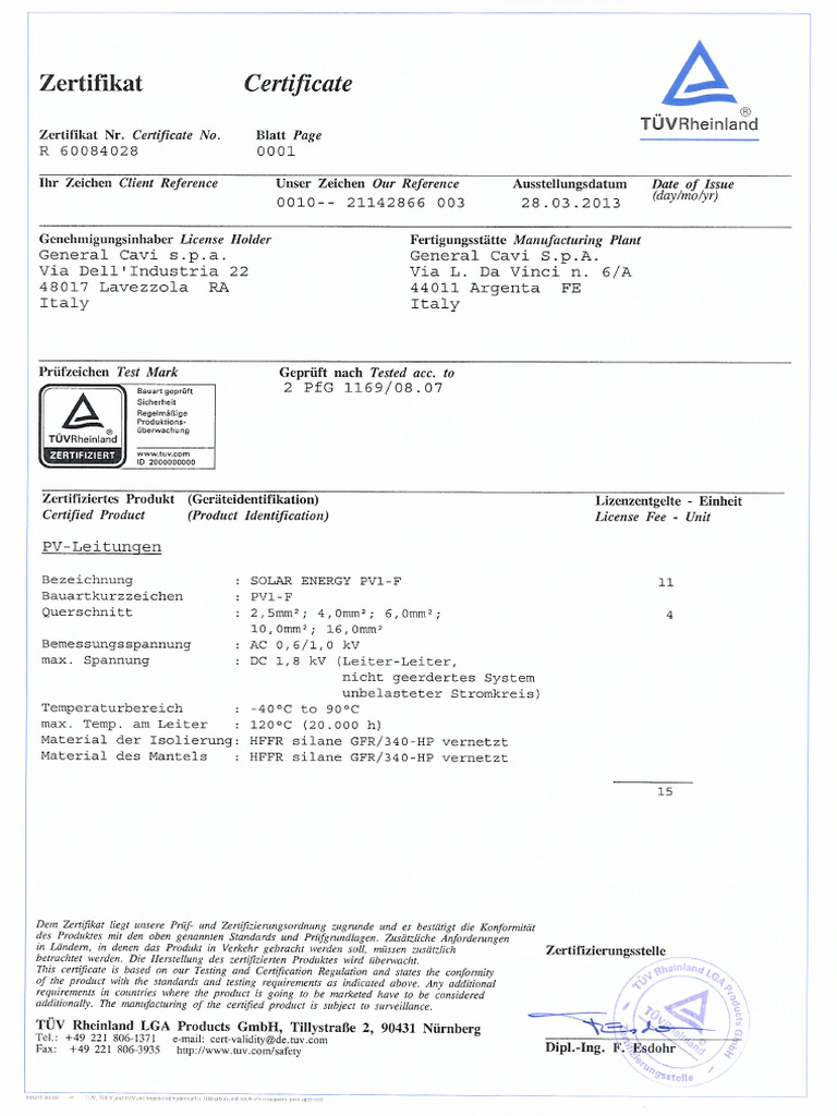 Batt Cables TUV Certificate | PDF