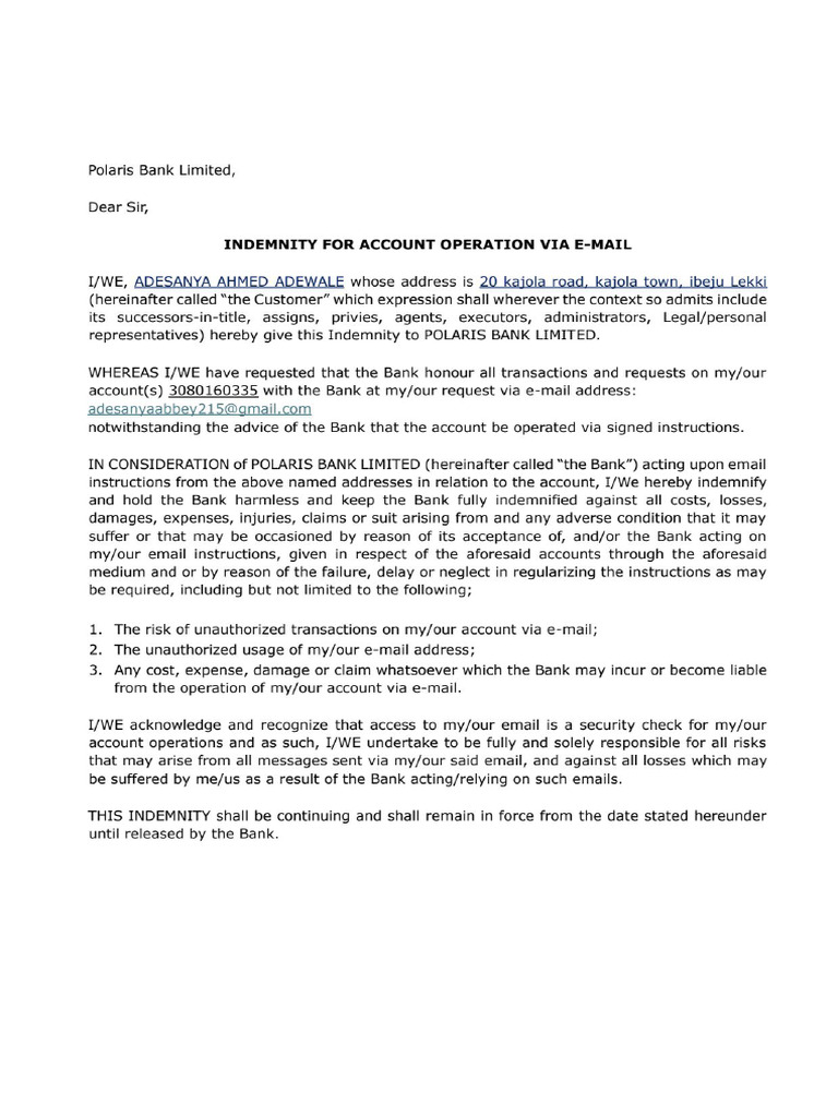 Indemnity Form | PDF